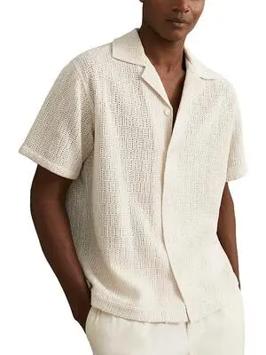 REISS Leon Crochet Regular Fit Button Down Short Sleeve Cuba Shirt - Off White