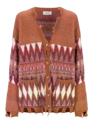 LANEUS Frayed Geometric Pattern Cardigan - Brown