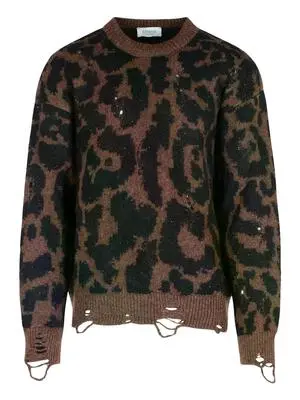 LANEUS Leopard-print Frayed-trim Sweater - Brown