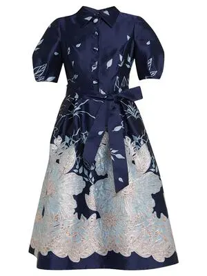 Rickie Freeman For Teri Jon Floral Jacquard Midi Shirtdress - Navy Multi