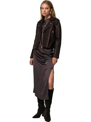 REISS Leather Biker Jacket With Suede Lapels - Chocolate Brown