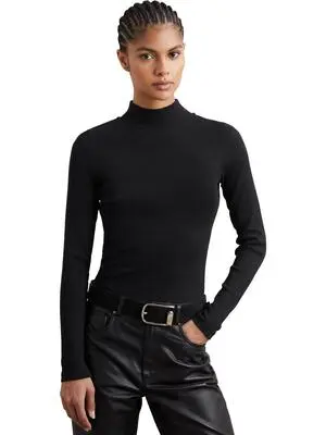 REISS Polly Stretch-cotton Funnel-neck Top - Black