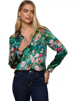 L'Agence Tyler Silk Blouse Bottle Green Multi Charonda Butterfly