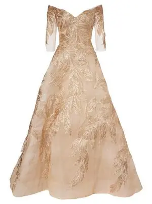Monique Lhuillier Embroidered Off-shoulder Tulle Gown - Gold