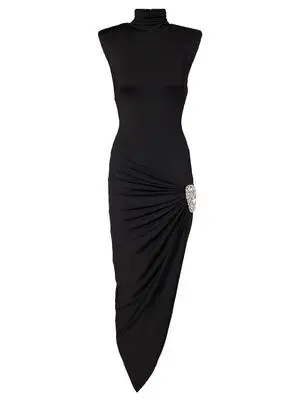 AREA Asymmetric Embellished Jersey Midi Dress - Black