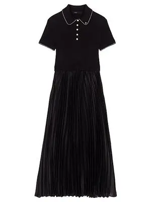 Maje Polo-collar Knitted And Woven Maxi Dress - Black
