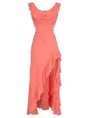 House Of Cb Aloura Georgette Ruffle Woven Maxi Dress - Coral