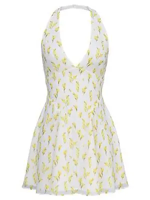House Of Cb Halter Neck Georgette Mini Dress - Lemon Floral Print