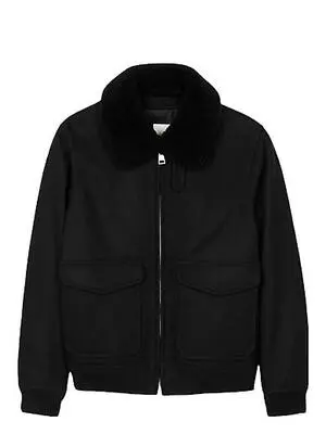 Sandro Shearling-collar Wool-blend Aviator Jacket - Black