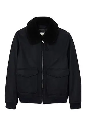 Sandro Shearling-collar Wool-blend Aviator Jacket - Navy Blue