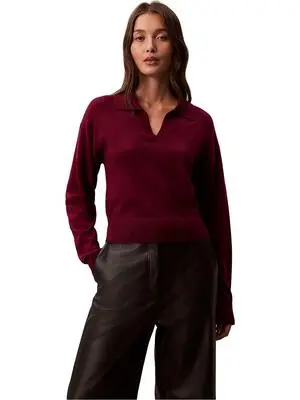 Calvin Klein Merino Wool Blend Relaxed Polo Sweater - Berry Glaze