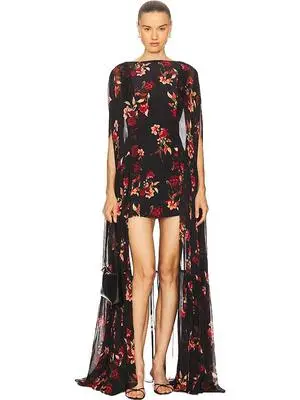 LA FUORI Coralia Gathered Cape Dress - Red Floral