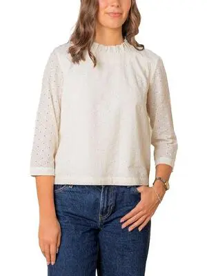 HOPE & HENRY Organic Ruffle-neck Eyelet Blouse - Ivory Eyelet
