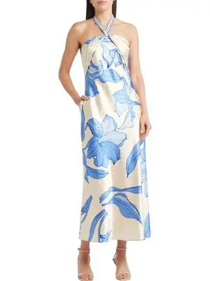 CIEBON Runie Floral Satin Halter Midi Dress - Blue