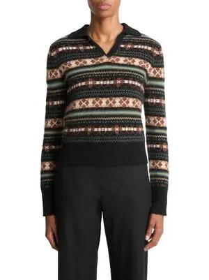 Vince Fair Isle Cashmere Polo Sweater - Cacao/malachite Comb