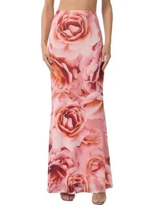 AFRM Tegan Allover Print Mermaid Skirt - Peach Roses