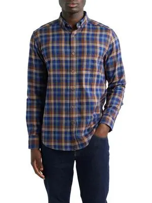 Johnston & Murphy Heather Plaid Button-down Shirt - Navy/brown Large Plaid