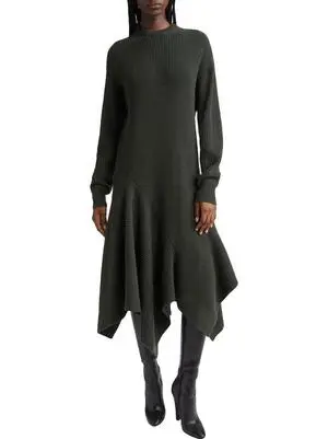 Michael Kors Handkerchief Hem Long Sleeve Cashmere Rib Sweater Dress - Bottle