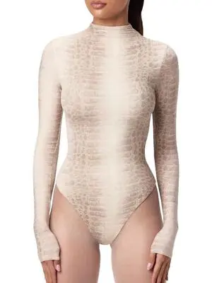 Naked Wardrobe Snakeskin Print Long Sleeve Bodysuit - Bone Croc