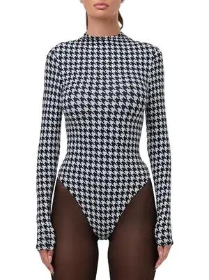 Naked Wardrobe Snakeskin Print Long Sleeve Bodysuit - Houndstooth Black/white