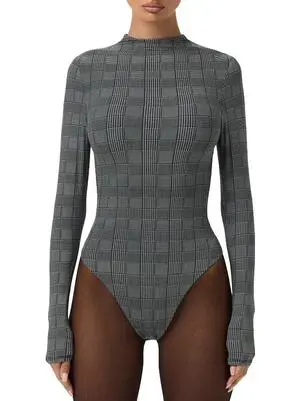 Naked Wardrobe Snakeskin Print Long Sleeve Bodysuit - Houndstooth Plaid
