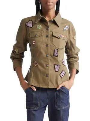 Cinq À Sept Appliqué Ruched Sleeve Jacket - Dark Olive/multi