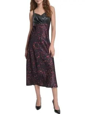 Dkny Faux Leather Mixed Media Midi Dress - Merlot Cheetah