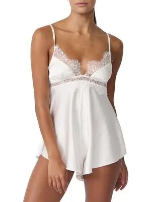 KAT THE LABEL Ray Lace Trim Satin Teddy - Ivory
