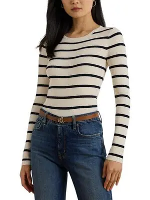 Ralph Lauren Striped Rib-knit Crewneck Sweater - Mascarpone Cream/lauren Navy