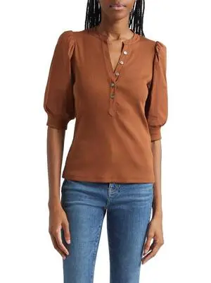 Veronica Beard Coralee Puff Sleeve Henley Top - Mahogany