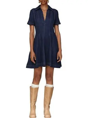 Avec Les Filles Seamed Collared Denim Minidress - Royal Rinse
