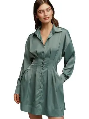 EXQUISE Tobie Long-sleeve Satin Mini Shirt Dress - Sage