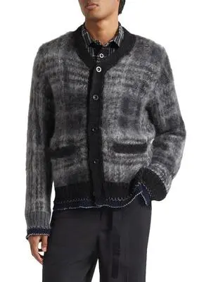 Sacai Plaid Distressed Mohair Blend Cardigan - Black