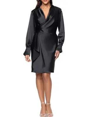 XSCAPE EVENINGS Long Sleeve Satin Wrap Cocktail Dress - Black