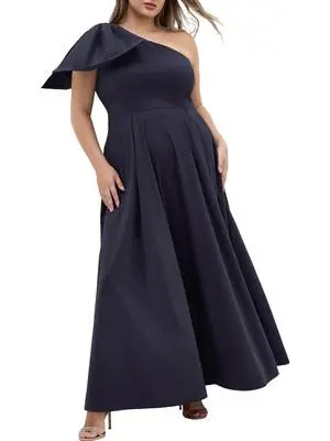 City Chic Captivate Bow One-shoulder A-line Gown - Navy