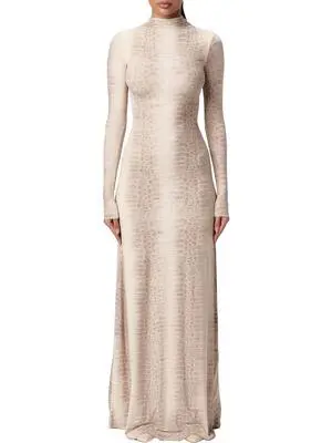 Naked Wardrobe Crocodile Print Funnel Neck Maxi Dress - Bone Croc