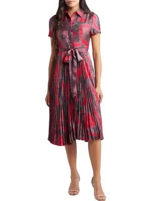TAHARI ASL Printed Tie Waist Pleated Shirtdress - Sangria Black