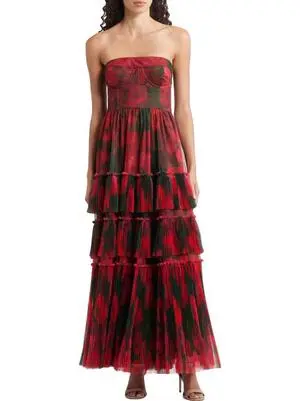 HUTCH Isabella Strapless Ruffle Tiered Maxi Cocktail Dress - Olive Blotted Floral