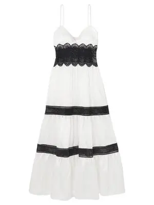 Loretta Caponi Demi Tiered Lace-trimmed Silk-satin Midi Dress - White