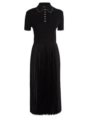 Maje Pleated-skirt Polo Midi Dress - Black