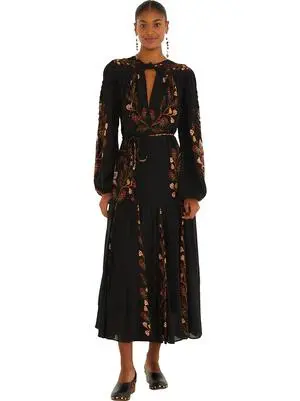 Farm Rio Long Sleeve Pleated Maxi Dress - Berry Garden Black