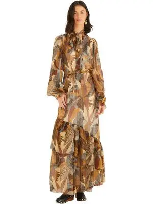 Farm Rio Printed Long Sleeve Maxi Dress - Dotted Macaws Cream
