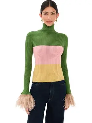 La DoubleJ High Kick Cashmere And Feather Top - Military Green/pink/mustard