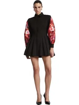 Bcbgmaxazria Taffeta Twill Printed Mini Dress - Black & Washed Floral Chilli