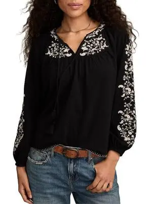 Lucky Brand Embroidered Peasant Top - Caviar