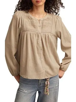 Lucky Brand Lace Inset Cotton Button-up Peasant Top - Laurel Oak