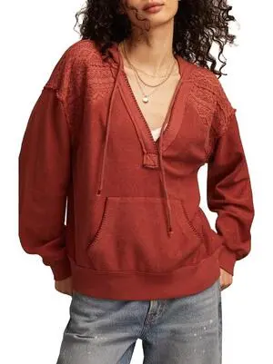 Lucky Brand Lace Trim Cotton Baja Hoodie - Mahogany