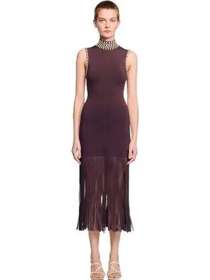 Sandro Fringed Knit Midi Dress With Bead Detailing - Brown