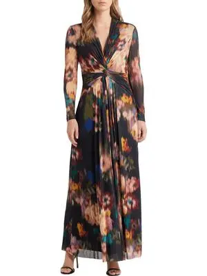 Anne Klein Floral Twist Front Long Sleeve Mesh Maxi Dress - Blurred Floating Flora