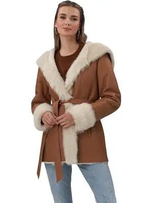 Gorski Genuine Shearling Hooded Jacket With Trim Camel/white
